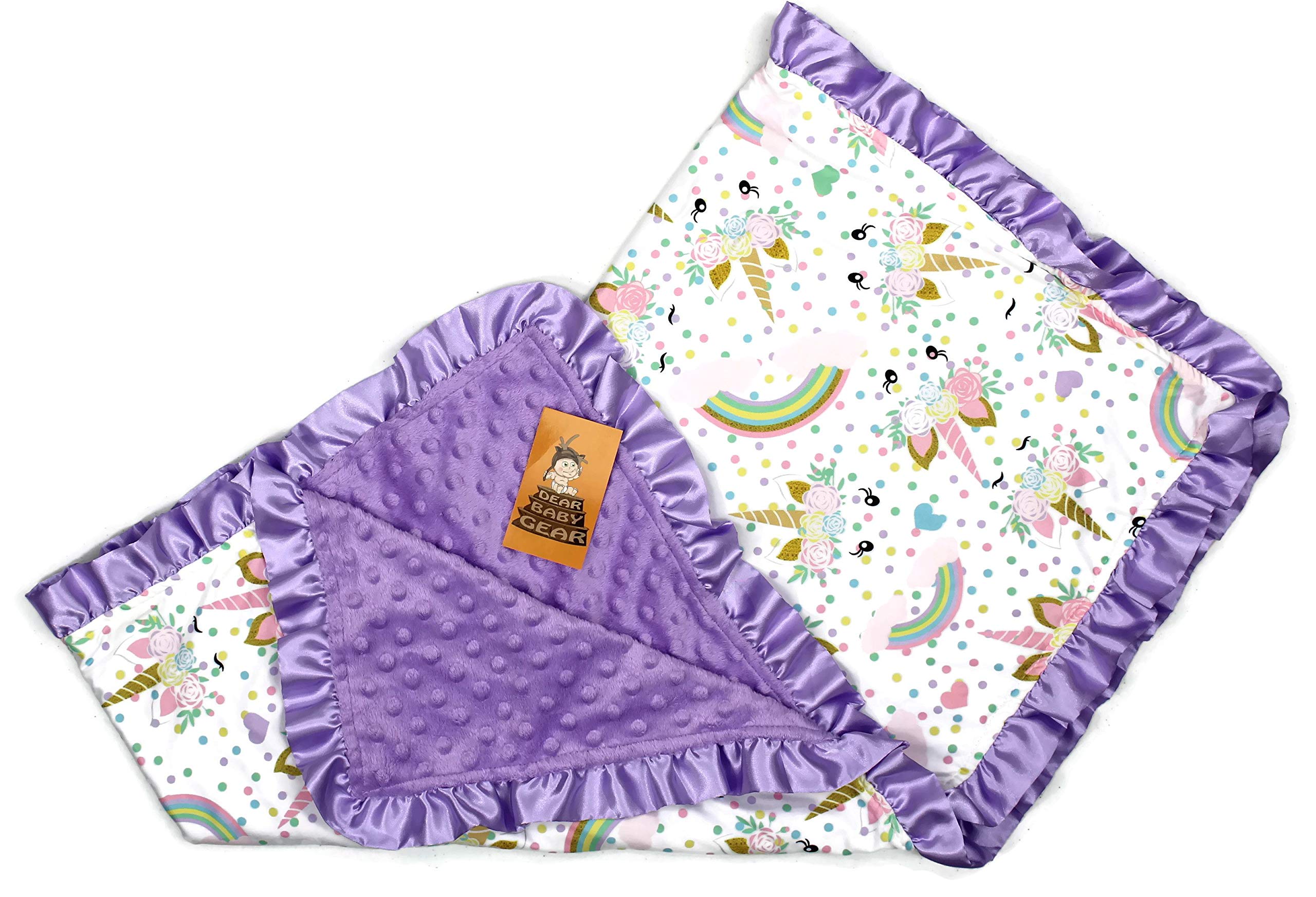 Dear Baby Gear Baby Blankets, Glitter Unicorn Pastel Rainbows, Lavender Minky, 32 Inches by 32 Inches
