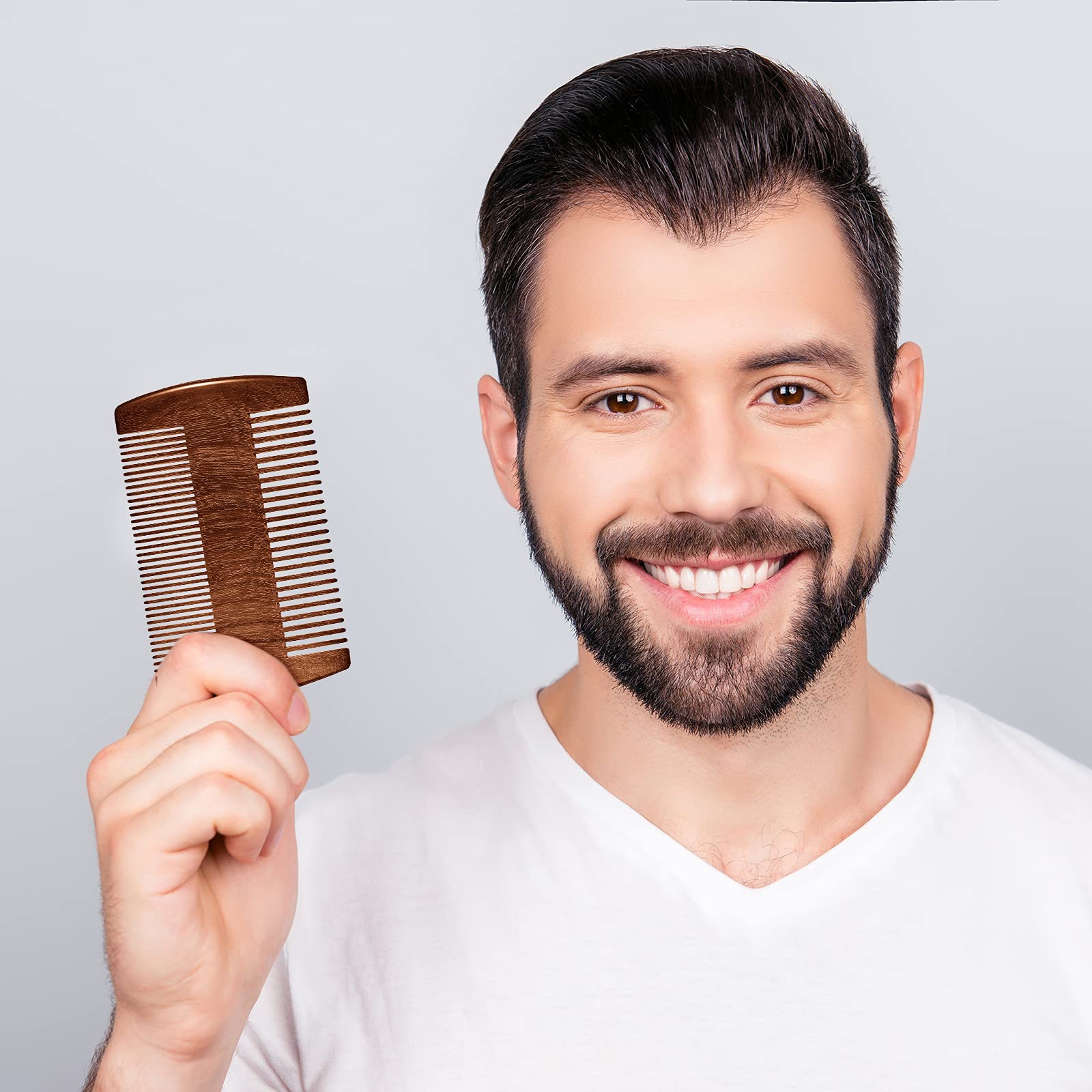 Natural Sandalwood Dual Action Beard and Moustache Combs with Faux Leather Cases (6 Pieces, Yellow, Black, Reddish Brown)
