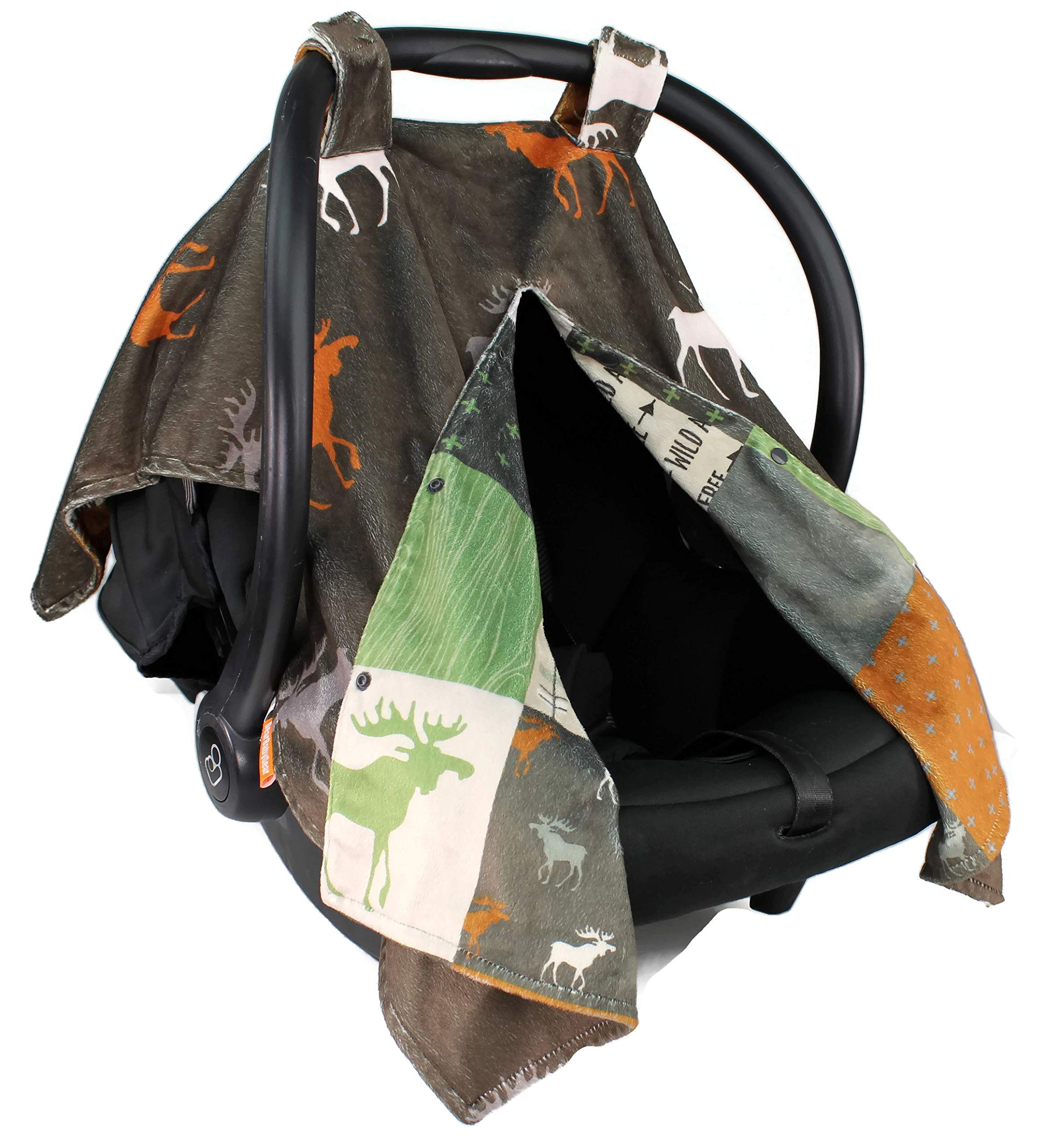 Dear Baby Gear Deluxe Reversible Car Seat Canopy, Custom Minky Print, Faux Quilt Rust Adventure and Moose on Brown