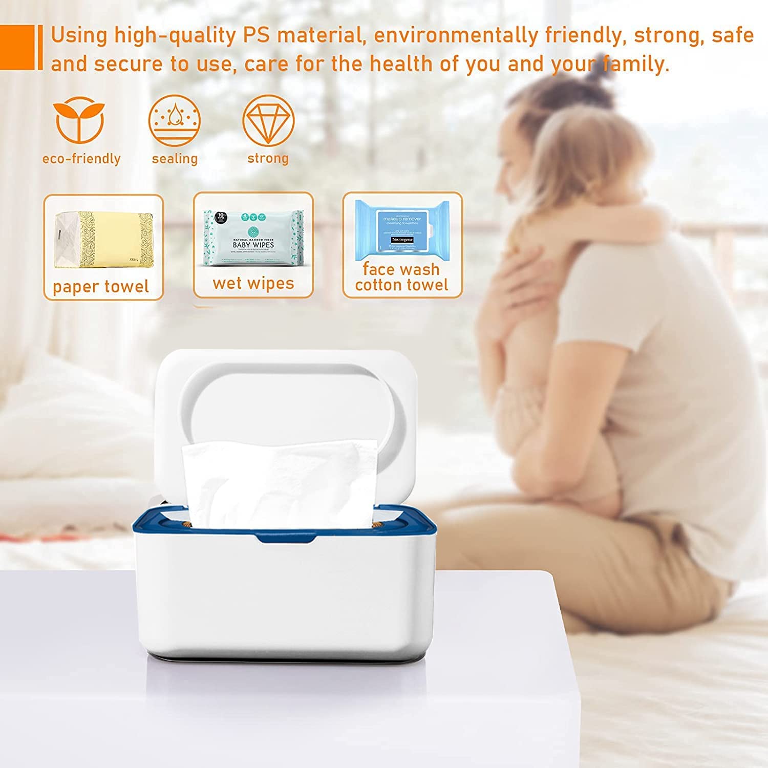 Baby Wipes Dispenser, Baby Wipe Holder, Large Capacity Wipes Dispenser, Wipe Container with Sealing Lids,Non-Slip, Easy Open & Close (Blue))