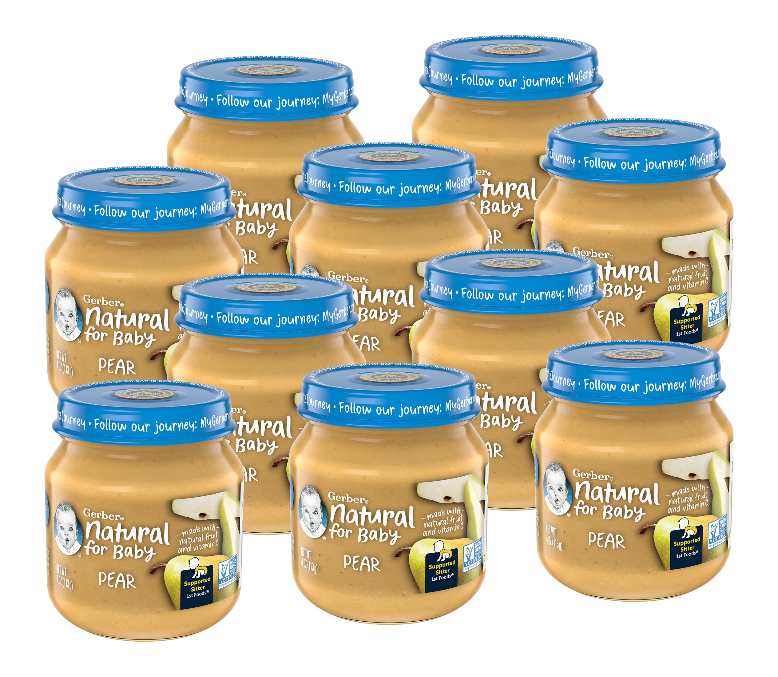 Gerber Natural for Baby 1st Foods Baby Food Jar, Pear, Made with Natural Fruit & Vitamin C, Non-GMO Pureed Baby Food, 4-Ounce Glass Jar (Pack of 10 Jars)