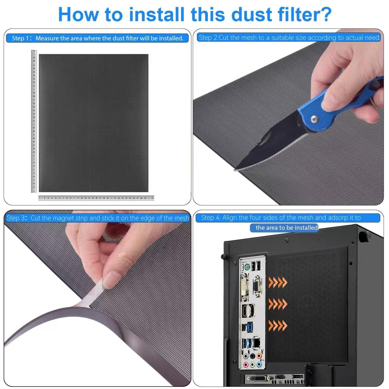 3Pack DIY PC Dust Filter, 400x300mm PVC Dust Mesh Filter for Computer PC Case, Magnetic Dust Cover with 10 PCS Magnetic Strips