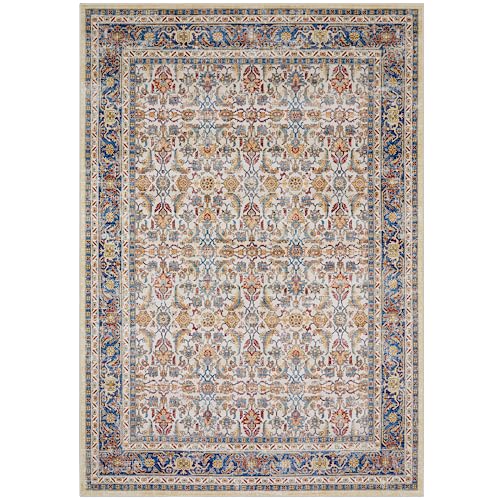 Area Rugs for Living Room Bedroom: 8x10 Rug Machine Washable with Non-Slip Backing Non-Shedding Stain Resistant, Boho Floral Large Carpet for Dining Room Nursery Home Office Indoor Decor (Blue/Brown)