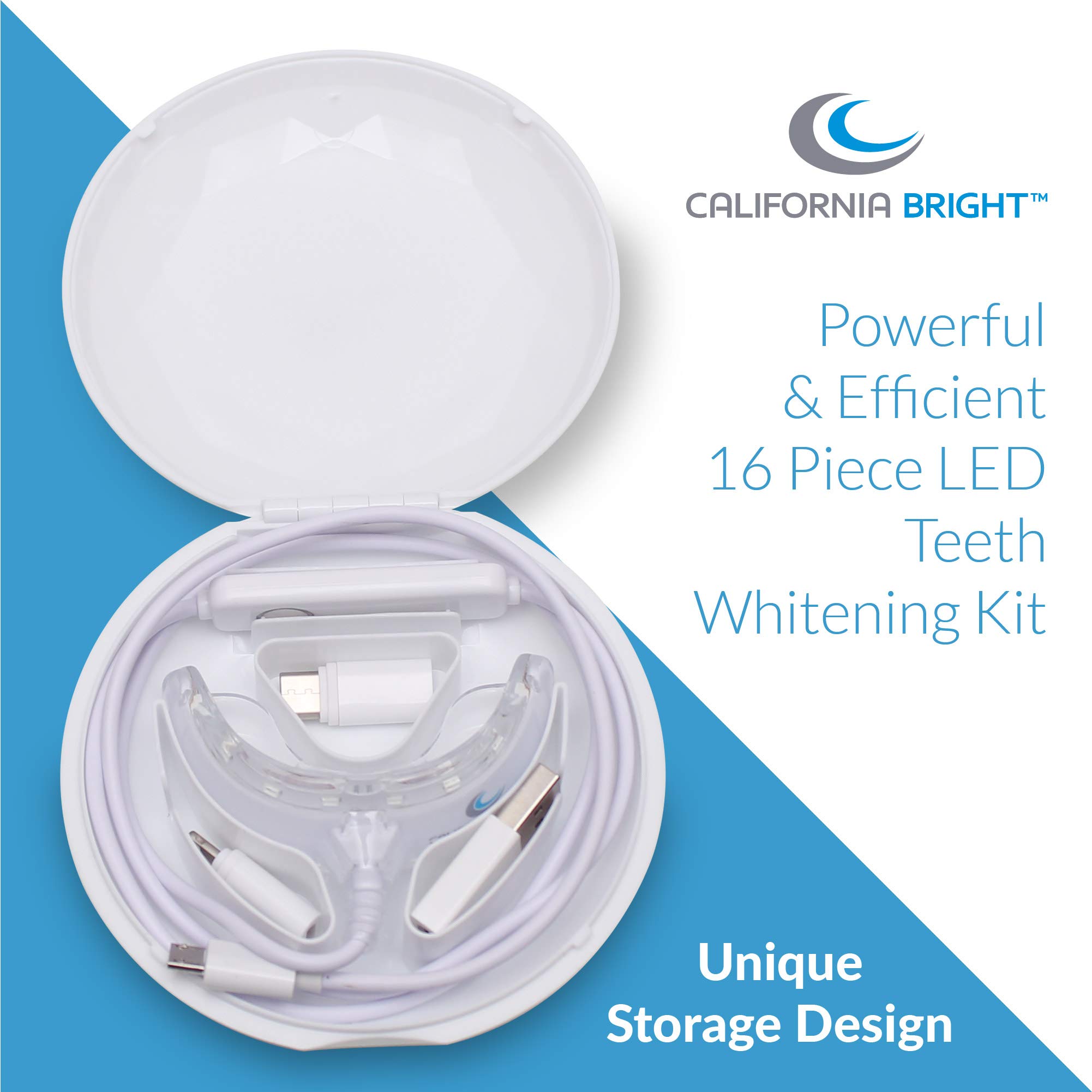 California Bright Smart Teeth Whitening Home Kit with 16X LED Light Mouthpiece, 4 Whitening Gel Pens, Portable Case and Dental Shade Guide – Smartphone & USB Compatible