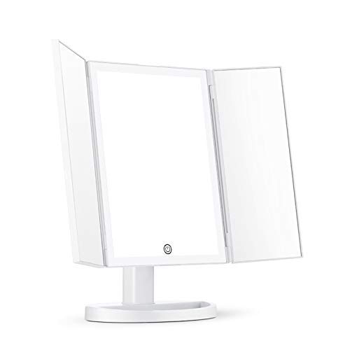 KXA Foldable Makeup Mirror, Vanity Mirror Dimmable LED Lights with Wide-Angle Touch Screen and Countertop Adjustable 360 Degree Bracket