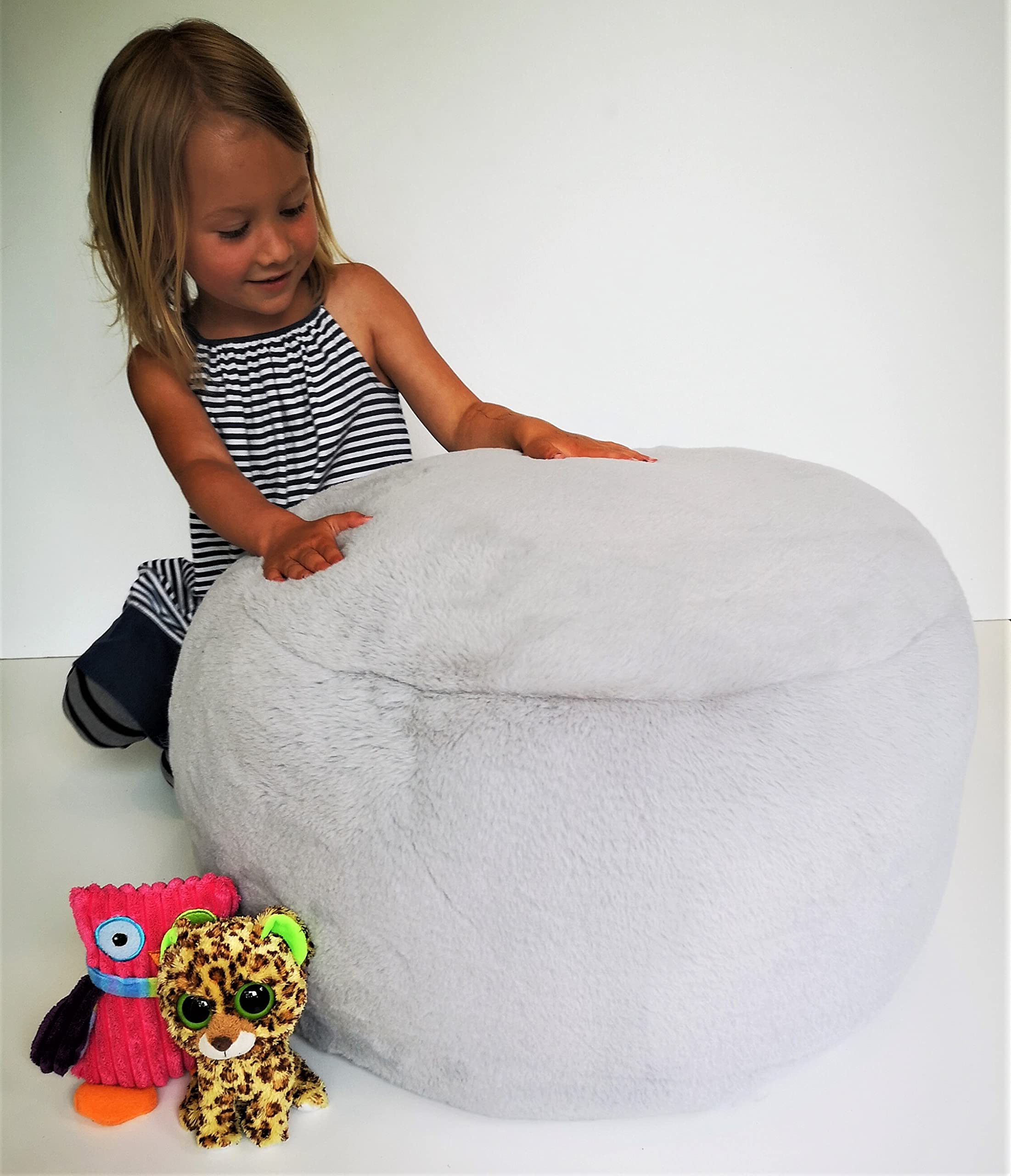 MiniOwls Plush Toy Storage Bean Bag (Unfilled) – Light Bunny Gray Faux Furry Ottoman – Sensory Soft Teddy Bear Organizer with a Zipper. Pouf 20x20x15 inch. (Light Grey, Medium)