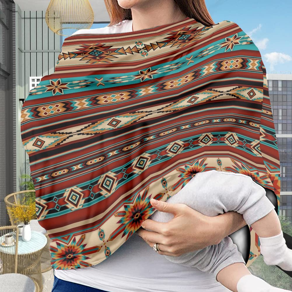 JOAIFO Nativa American Indian Tribal Aztec Stripe Geometry Print Nursing Cover Breastfeeding Scarf Southwest Red Pattern Baby Car Seat Covers, Infant Canopy Stroller Coverage for Girls Boys