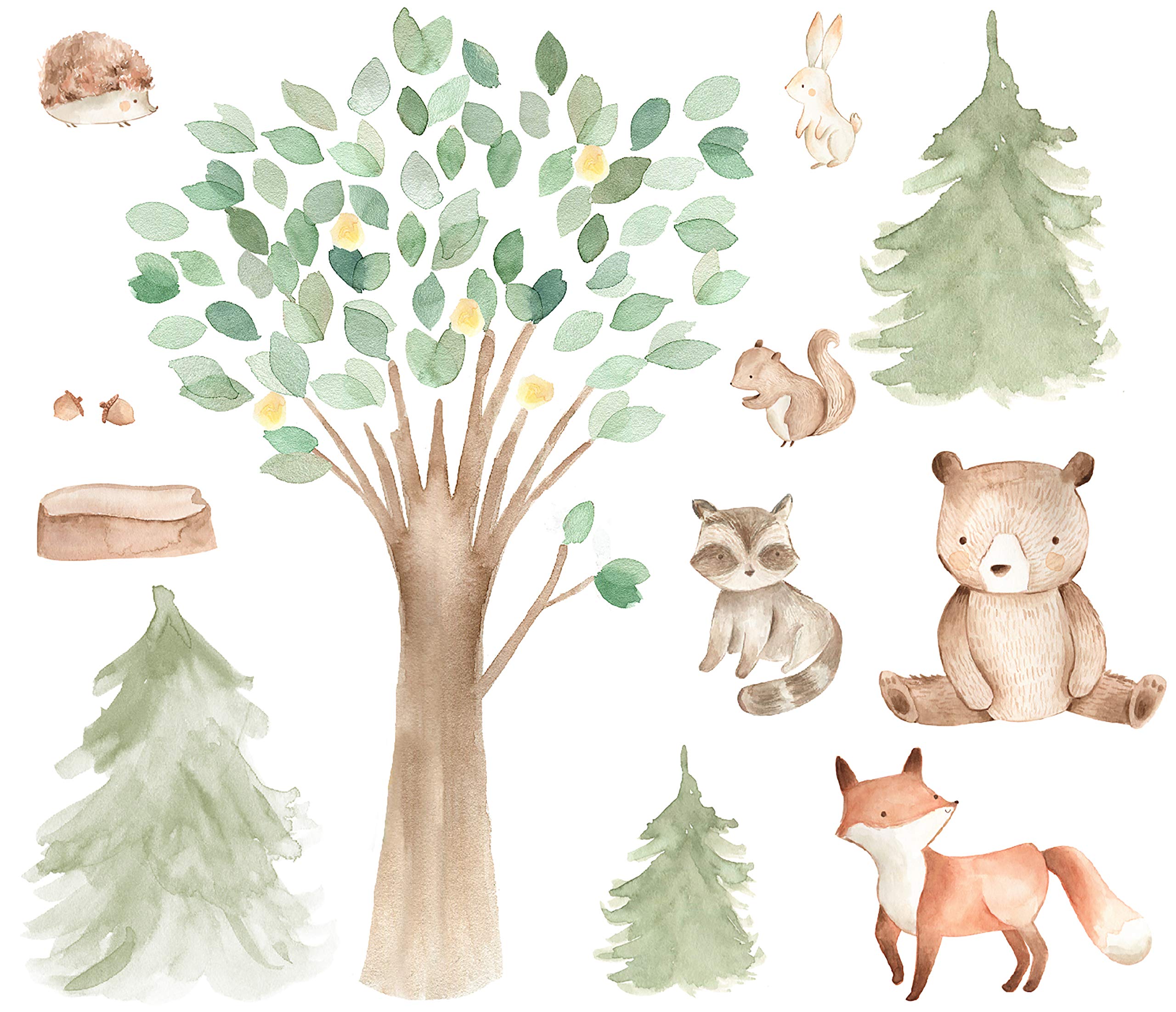 InnovativeStencils Woodland Watercolor Wall Decal Oak Pine Tree Animal Creatures - Bear, Fox, Raccoon, Rabbit, Squirrel, Porcupine Fabric Nursery Decals #3061 (84" Tall Tree (Including Leaves))