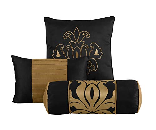 Chezmoi Collection 7-Piece Jacquard Floral Comforter Set/Bed-in-a-Bag Set, King, Black Gold