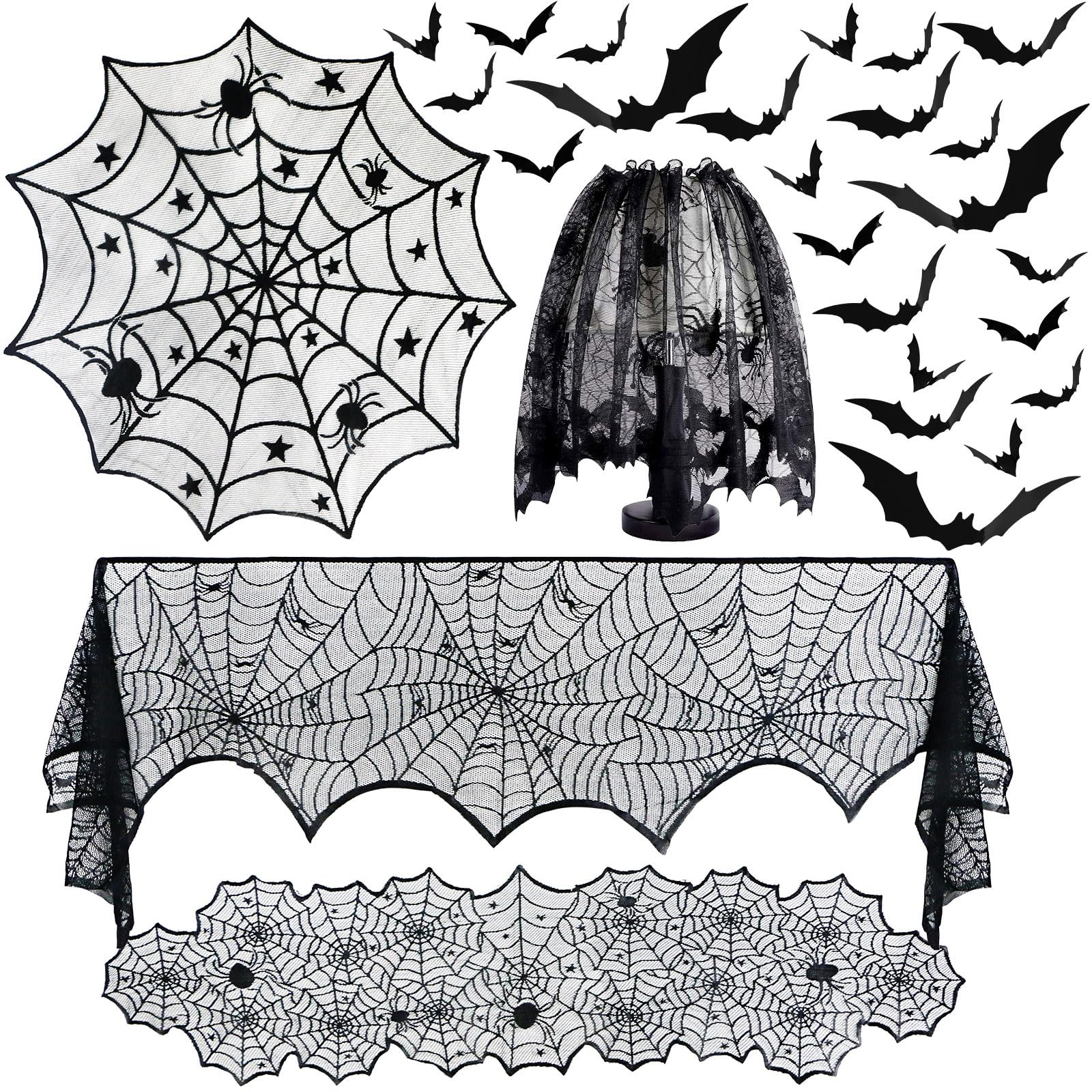 5 Pack Halloween Decorations Indoor, Halloween Mantel Decorations, Spider Web Table Runners, Round Table Cover and Cobweb Lampshade with 36pcs Scary 3D Bat Stickers for Halloween Party Decor