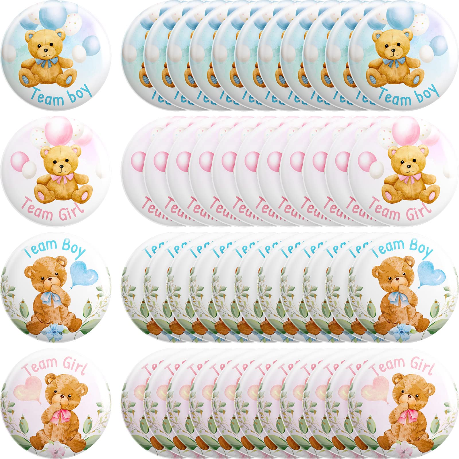 48 Pieces Bear Gender Reveal Buttons Team Boy Girl Button Pins Bear Gender Reveal Favors in Pink and Blue for Baby Shower Gender Reveal Party Game Supplies, 4 Styles, 1.47 Inch