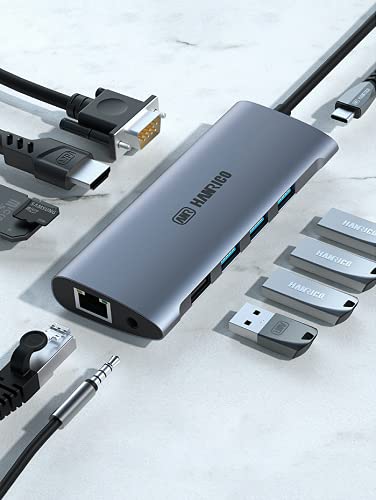 USB C Hub, HANRICO USB-C Laptop Docking Station 11 in 1 Compatible for MacBook Pro/Air, Ipad, MateBook, PC, Flash Drive, Mobile HDD, Phone and More TypeC Devices(USB,PD,HDMI,RJ45,SD,TF,VGA,3.5mm)