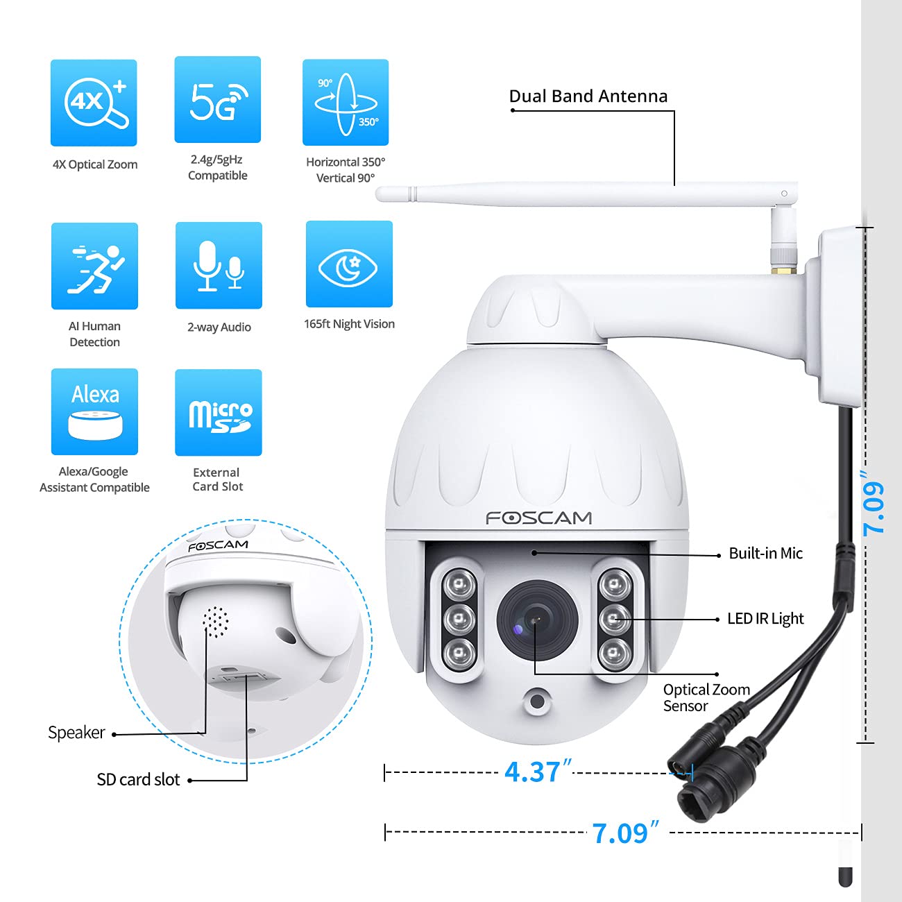 FOSCAM HT2 1080p Outdoor 2.4g/5gHz WiFi PTZ IP Camera, 4X Optical Zoom Pan Tilt Security Surveillance Speed Dome, 2-Way Audio with Mic & Speaker, 165ft Night Vision, CMOS Image Sensor, IP66