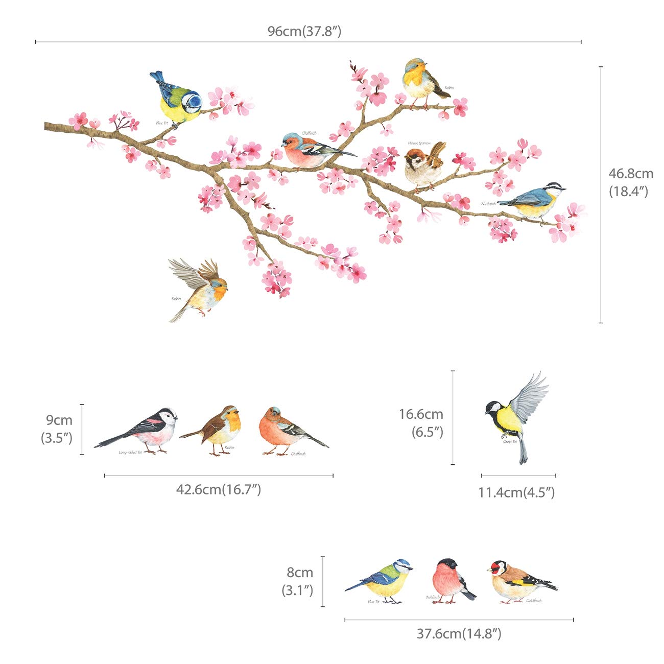 DECOWALL DWL-1904 Cherry Blossom Garden Birds Kids Wall Stickers Wall Decals Peel and Stick Removable Wall Stickers for Kids Nursery Bedroom Living Room d?cor
