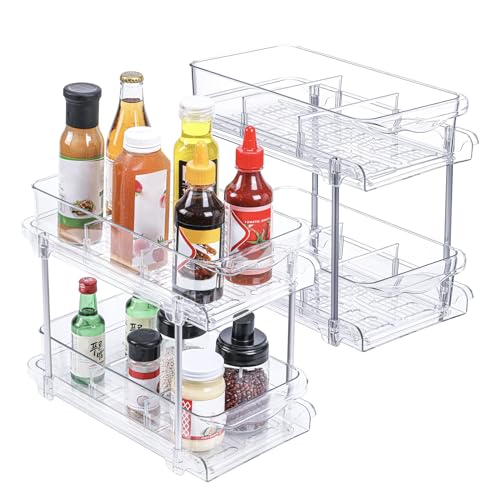 2 Tier Clear Bathroom Storage Organizer with Dividers and Pull Out Shelves - Under Sink Cabinet Organizer for Kitchen, Pantry, Vanity and Medicine Cabinet