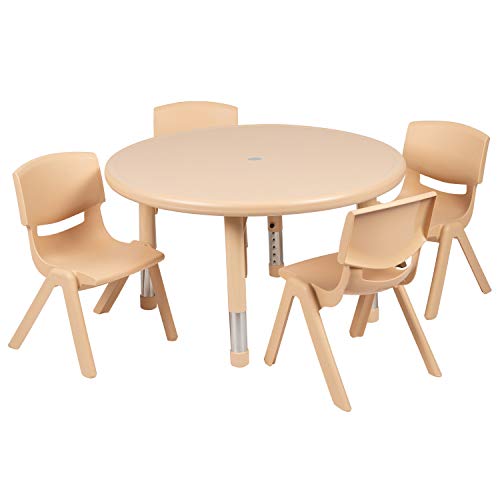 Flash Furniture Emmy 33" Round Natural Plastic Height Adjustable Activity Table Set with 4 Chairs