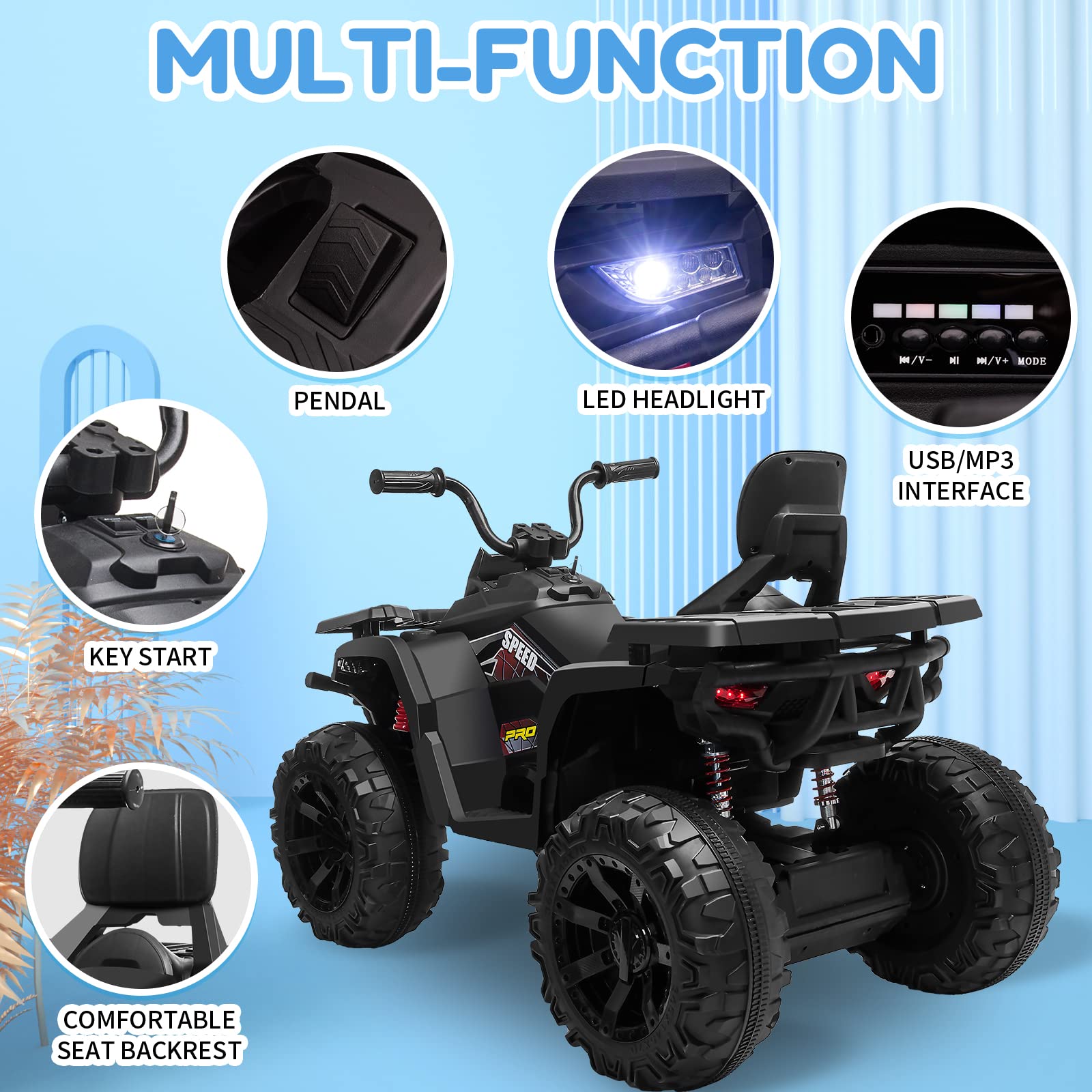 24V Kids Electric ATV Car, 2-Seater, 200W Engine, 9AH Battery, LED Lights, Music, Spring Suspension - For Boys & Girls