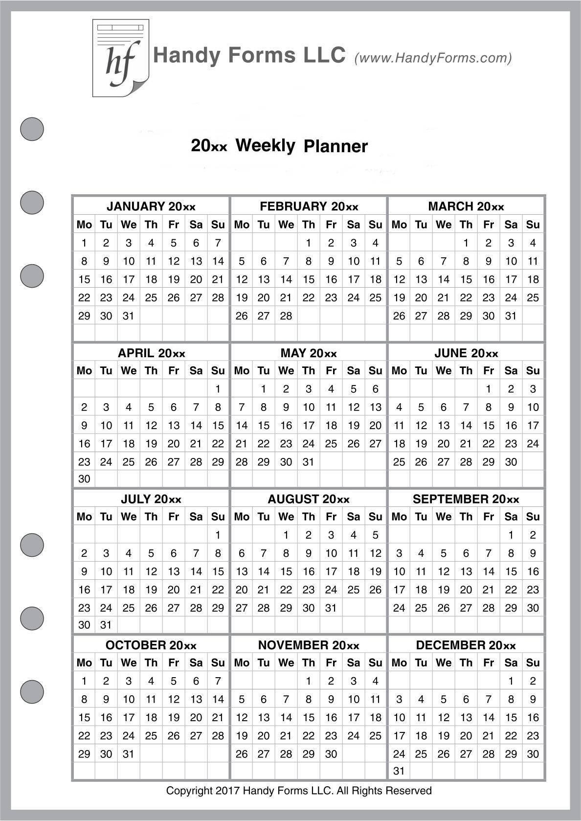 2022 Weekly Planner for A5 Size notebooks by FiloFax, Kikki-K, and Others. 1 Page Per Week, Week Starts on Monday. Style D, no Lines.