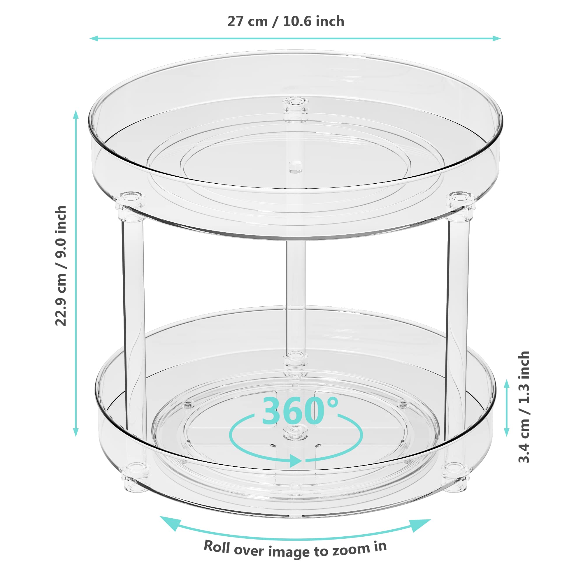 2 Tier Lazy Susan Organizer,Clear Plastic Lazy Susan Turntable for Cabinet,Rotating Lazy Susan Spice Rack Cabinet Organizer for Kitchen,Table,Refrigerator,Pantry,Bathroom
