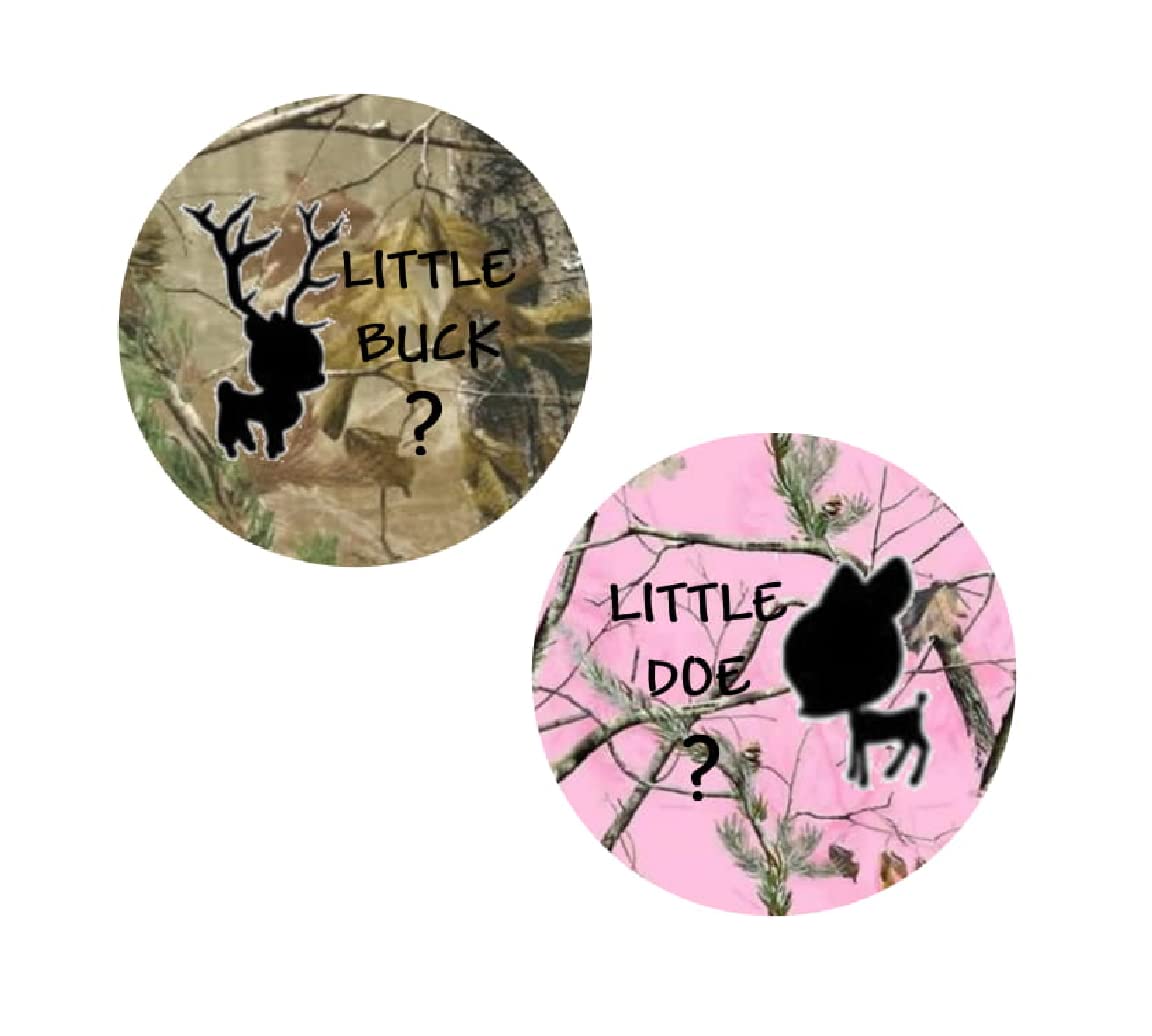 30 pcs Gender Reveal, Baby Shower Little Buck? Doe? Camo Stickers Envelope Seals Labels Round Tags, Stamps Sticker for Gift Cards, Envelopes, Boxes for Holiday, Birthday, Christmas