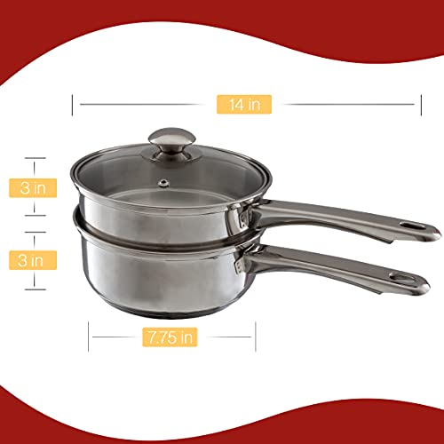 6 Cup Double Boiler Pot Set β 1.5 Quart Stainless-Steel Saucepan 2-in-1 with Vented Glass Lid β Kitchen Cookware with Measurements by Classic Cuisine