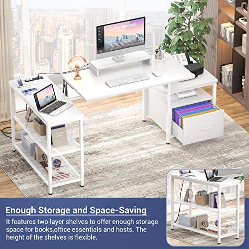 Aheaplus L Shaped Desk with Power Outlet, Standing Home Office Desk with Lift Top and File Drawer, 63'' Corner Computer Desk with Monitor Stand&Printer Shelves, Gaming Desk with Led Lights, White