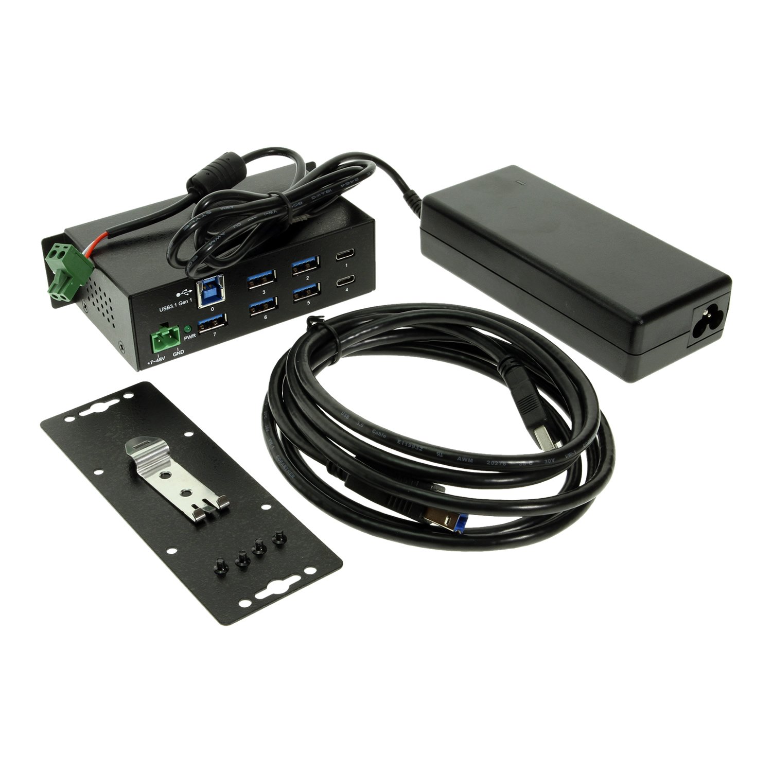 Coolgear USB-C 7 Port Hub 2X Type-C 5X Type-A - DIN Rail - Power Adapter