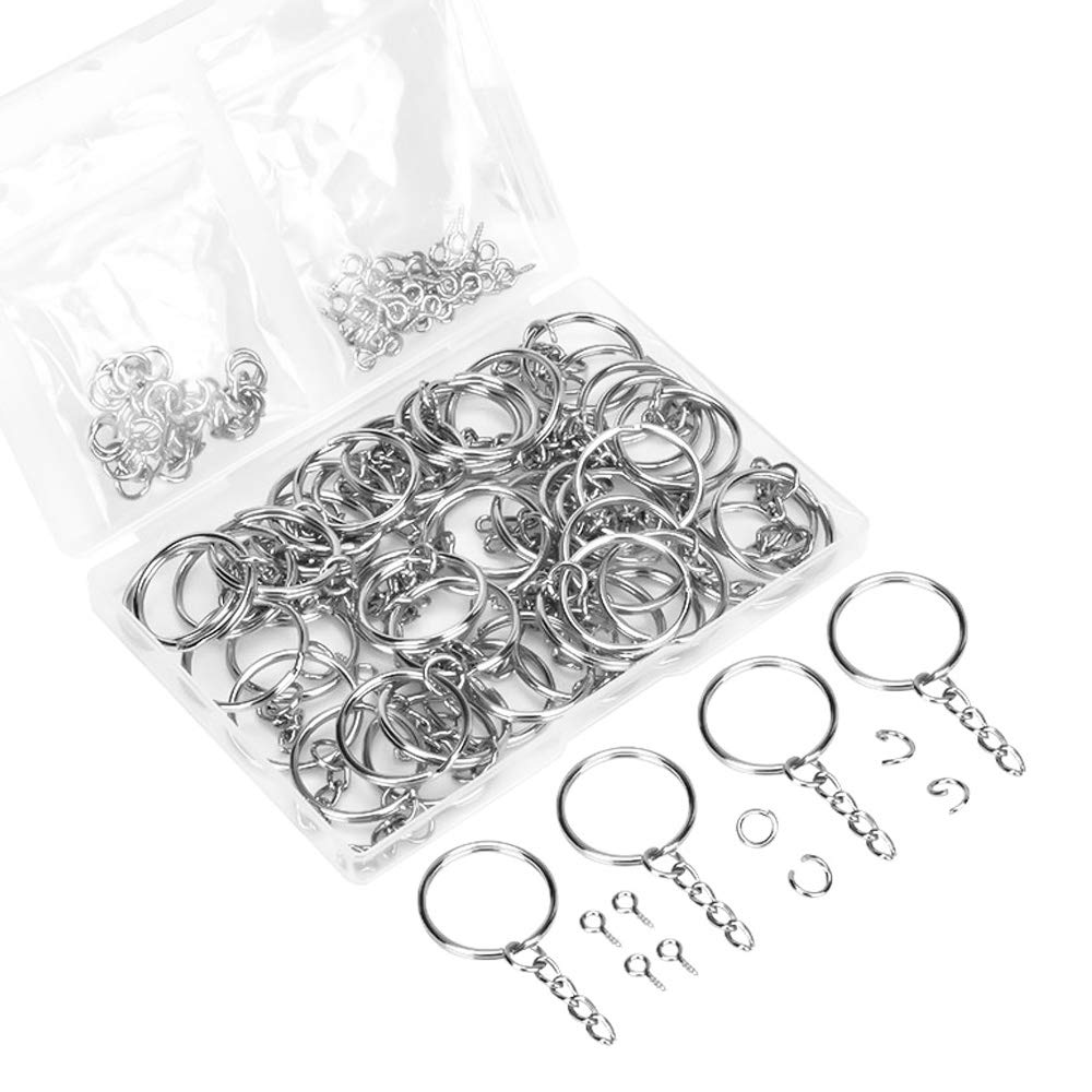 150PCS Key Chain Rings Kit, 1inch Key Chain Rings, Includes 50pcs Key Chain Rings with Chain, 50pcs Jump Ring and 50pcs Screw Eye Pins, for Crafts and Jewelry Making Key Chain Making Hardware Supplies