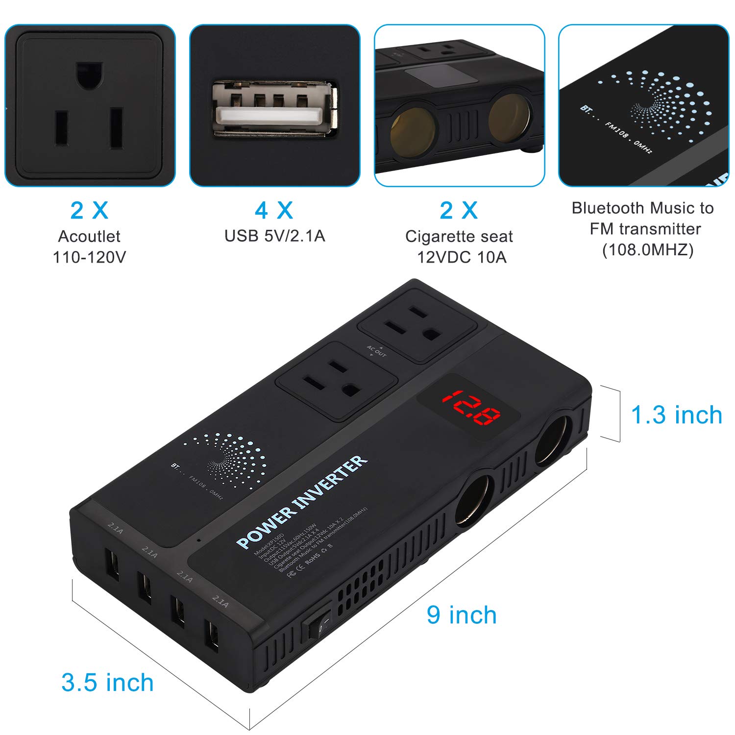 150W Car Power Inverter DC AC Converter 12V to 110V with Four 2.1A Quick Charging USB Charger Adapter, Two 12V Car Cigarette Lighter and Two 115V Outlets