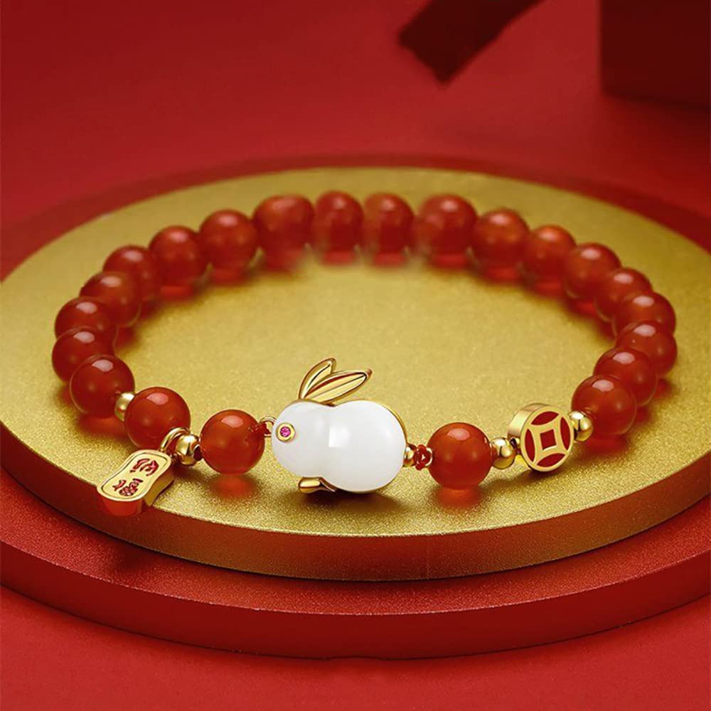 2023 Chinese Style Rabbit Year Beads Bracelet Adjustable Bangle Women Gift, Adjustable Bracelet for Women Girls Jewelry (Red+White)