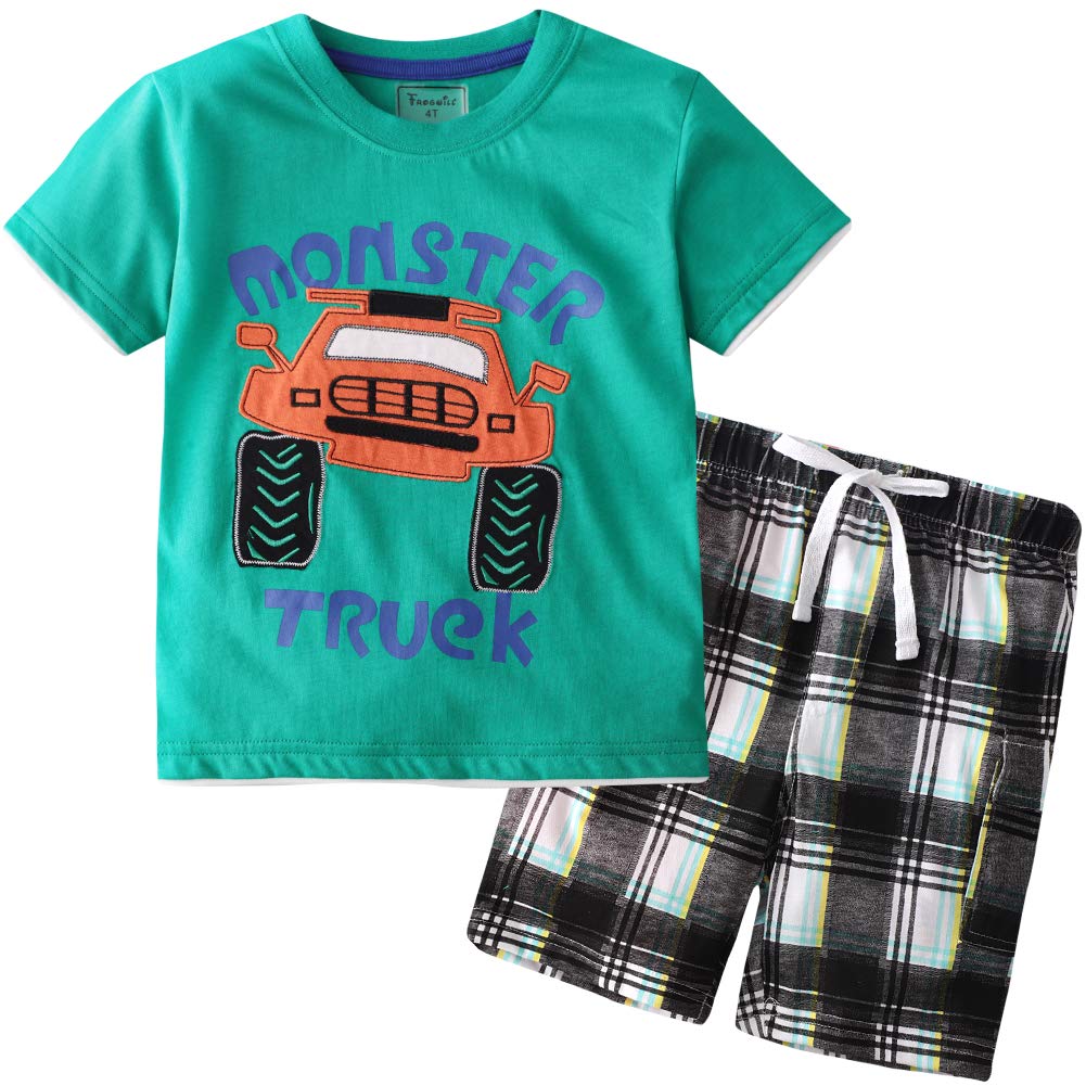 Julerwoo Toddler Boys Monster Truck Short Plaid Pants Set Outfits Summer Clothes 3t