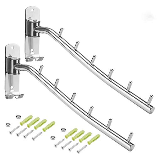 Folding Clothes Rack, 13.4“ Stainless Steel Wall Mounted Clothes Hanger with 6 Hooks Heavy Duty Swing Clothes Holder Closet Storage Organizer Modern Durable Drying Rack Hook Polished Finish ( 2 Pack )