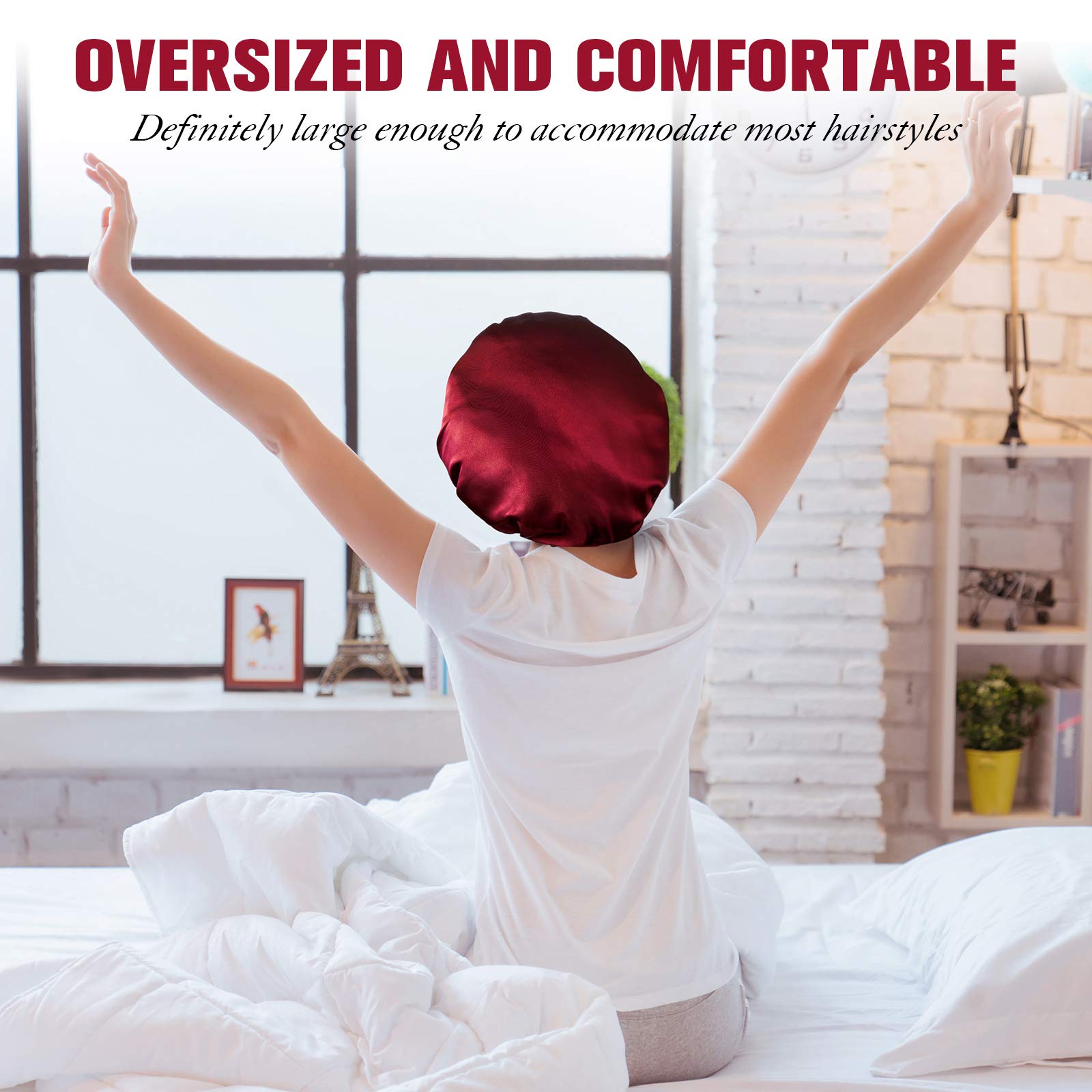 Geyoga 4 Pieces Silk Satin Bonnet Sleep Cap Extra Large Hair Bonnet for Sleeping Double Layer Reversible Hair Cap for Women Natural Curly Hair