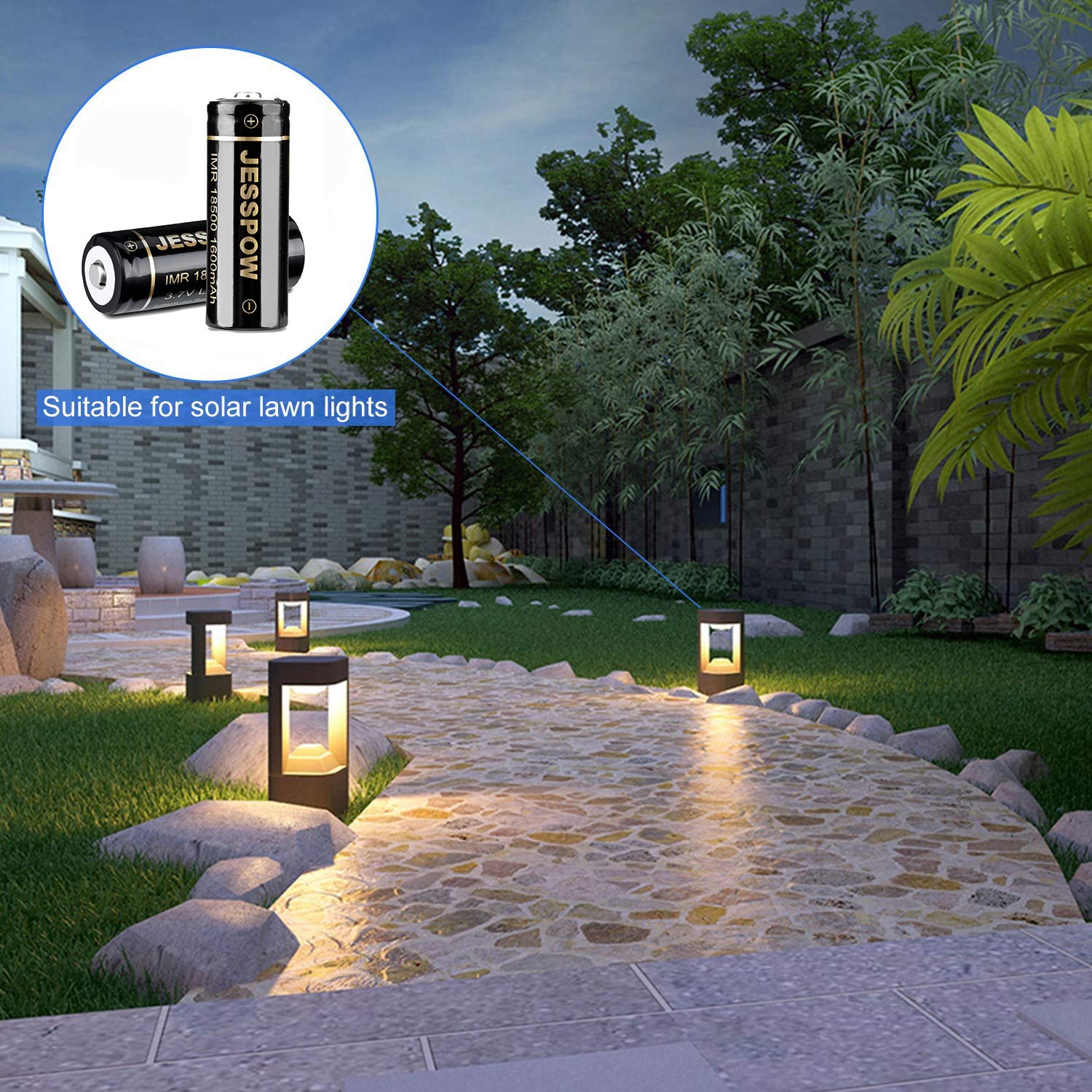 JESSPOW 18500 Rechargeable Batteries, IMR 18500 Rechargeable Li-ion Battery 1600mAh 3.7V [ for Flashlight, Solar Garden Light ] with Button Top (4Pack)