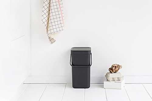 Brabantia Sort & Go Kitchen Recycling Can (3.2 Gal / Gray) Stackable Waste Organiser with Handle & Removable Lid, Wall/Cupboard Mounting