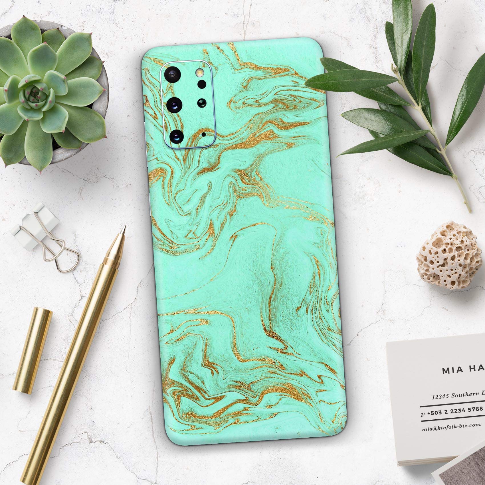 DesignSkinz Mint Marble & Digital Gold Foil V12 Protective Vinyl Decal Wrap Skin Cover Compatible with The Samsung Galaxy S20 (Screen Trim & Back Glass Skin)