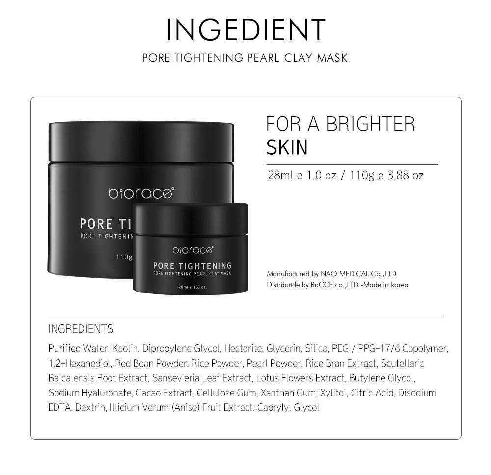 Biorace] Pore Tightening Pearl Clay Mask 110 g / 3.8 oz Tightens Pores + Sebum Control + Deep Cleanse [Made in KOREA]