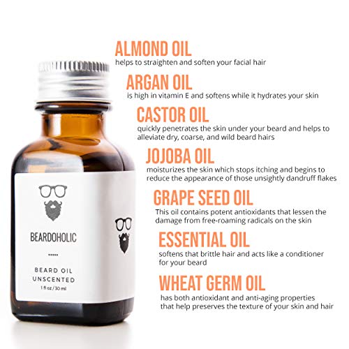 Beardoholic Beard Oil – 7 All-Natural Ingredients – Faster and Thicker Beard Growth – Eliminates Itch and Dandruff Instantly – Unscented Beard Growth Oil - 30 ml Leave-in Conditioner and Softener