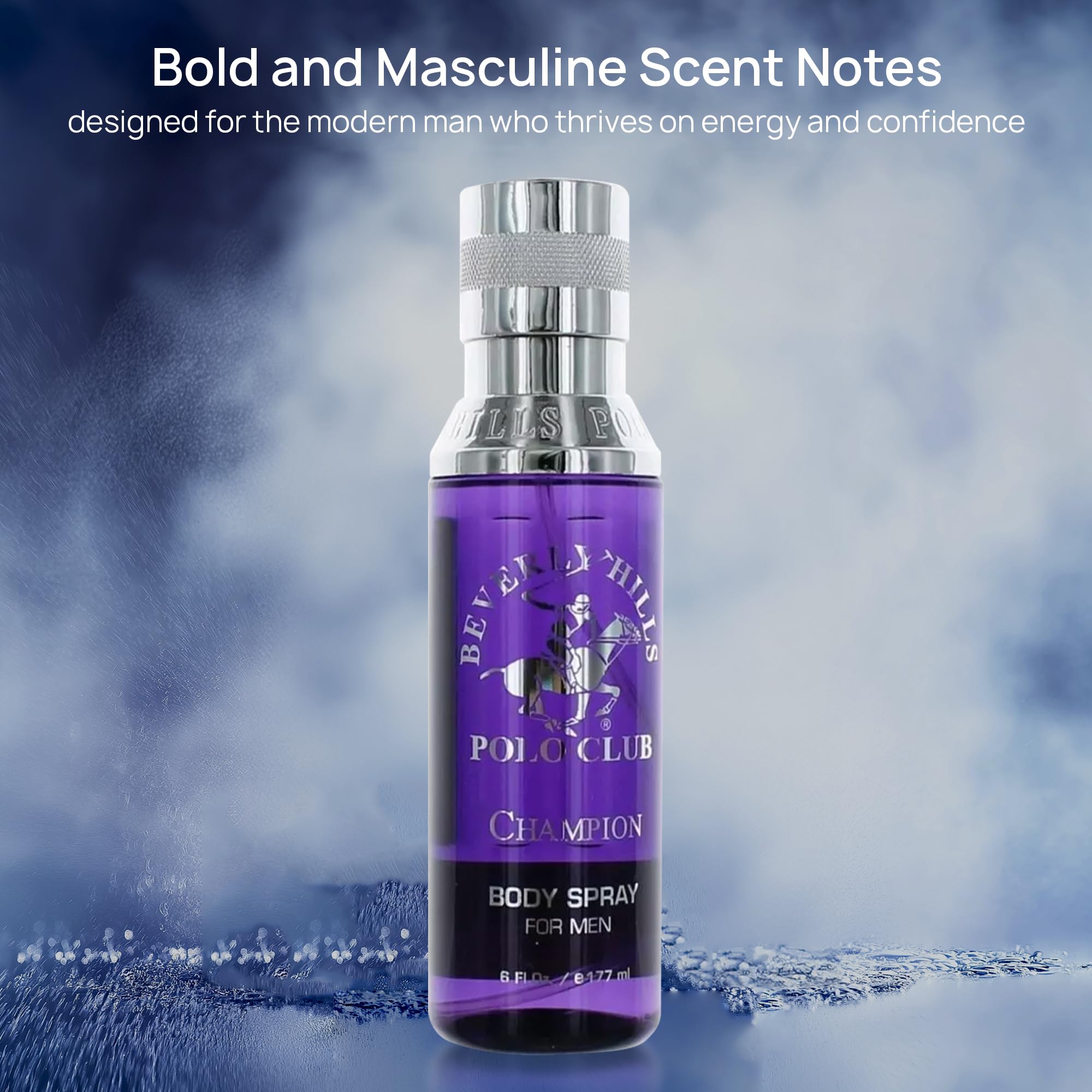 Beverly Hills Polo Club Body Spray for Men - BHPC Champion - Notes of Vanilla, Lily, Oakmoss & Patchouli - Long Lasting Body Mist Cologne Scent - Ideal Gift for Him, 6oz