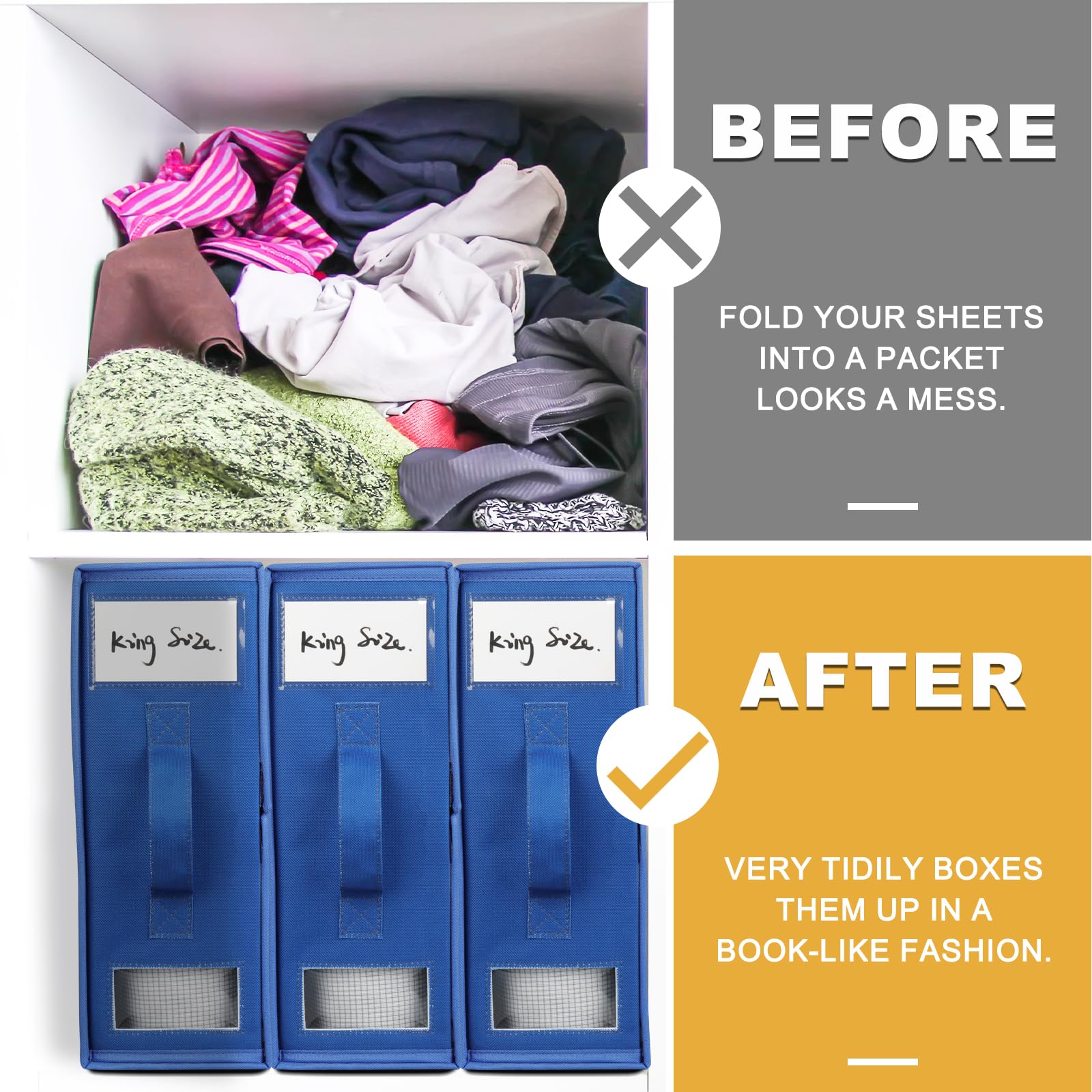 4 Pack Foldable Bed Sheets Organizers and Storage Twin/Full/Queen/King Linen Fabric Closet Organizers with Window, Folding Bedding Storage Box for Bedsheets Clothes