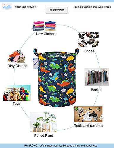 CherryPig RUNRONG Large Size Round Storage Basket Foldable Waterproof Canvas Laundry Hamper with Handles Nursery Organizer for Bedroom/Living Room/Bathroom(Round Dinosaur Paradise)