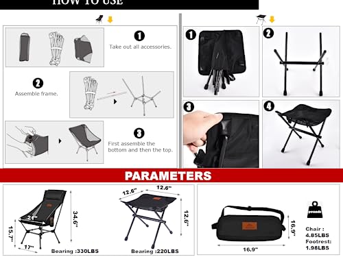 AnYoker Camping Chair, 2 Way Compact Backpacking Chair, Portable Folding Chair, Beach Chair with Side Pocket, headrest and Foot Rest, Lightweight Hiking Chair 01666 (Black)