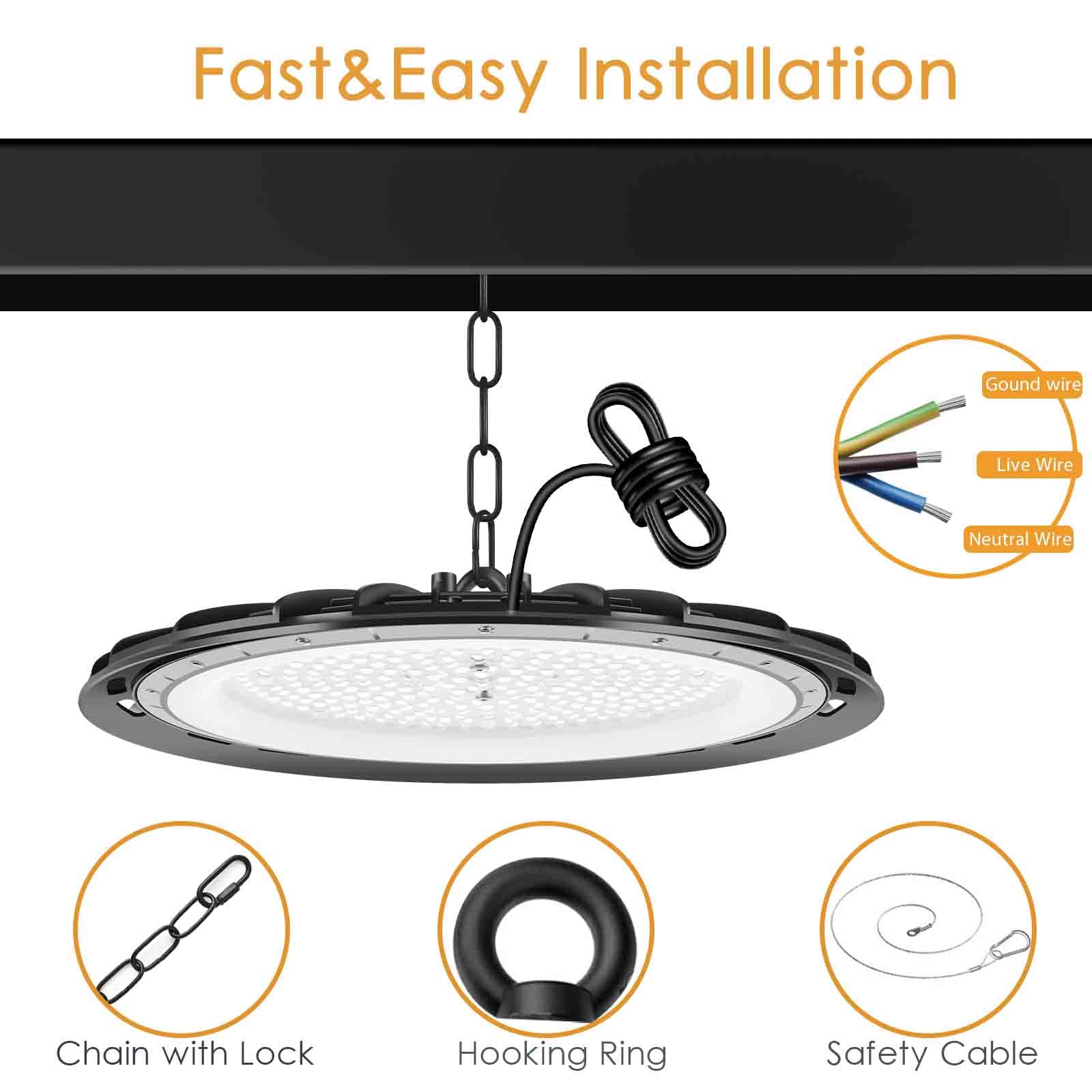 LED UFO High Bay Light, 150W 21,000LM Daylight 5000K Shop Light Fixture, IP65 Waterproof 600W HID Equiv. with Hanging Hook and Safe Rope, Commercial Grade Lighting for Warehouse, Workshop-by BRILLIRARE, UFO-150W, Grey