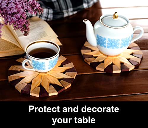 ECOSALL Natural Wood Trivets for Hot Dishes, Table and Kitchen Counter Set of 2 – Sturdy and Durable 7-inch Wooden Kitchen Hot Pads. Festive Design Table Décor – Housewarming and Kitchen Gift Idea