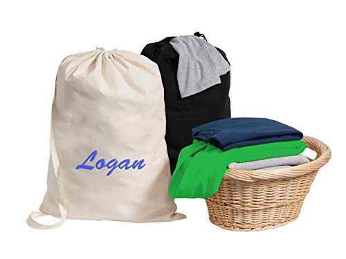 Custom Cotton Laundry Bags - Add Your Embroidered Name or Monogram - Personalized Large Drawstring Washable Hamper Tote for College, Dorms, Bathroom Organizer, Travel