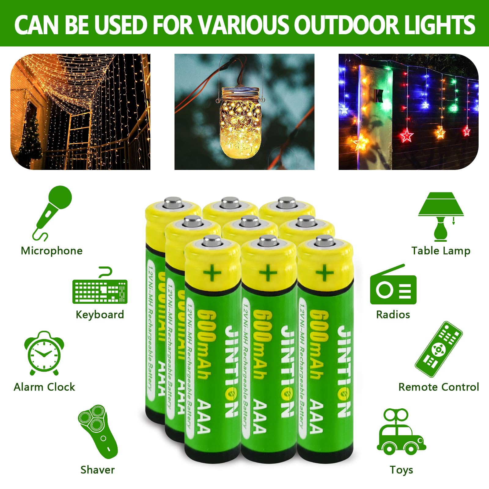 JINTION Ni-mh AAA 600mAh Battery 1.2V Triple A Rechargeable Batteries for Solar Outdoor Garden Lights, String Light, Pathway Lamp, Toys, 8 Pack