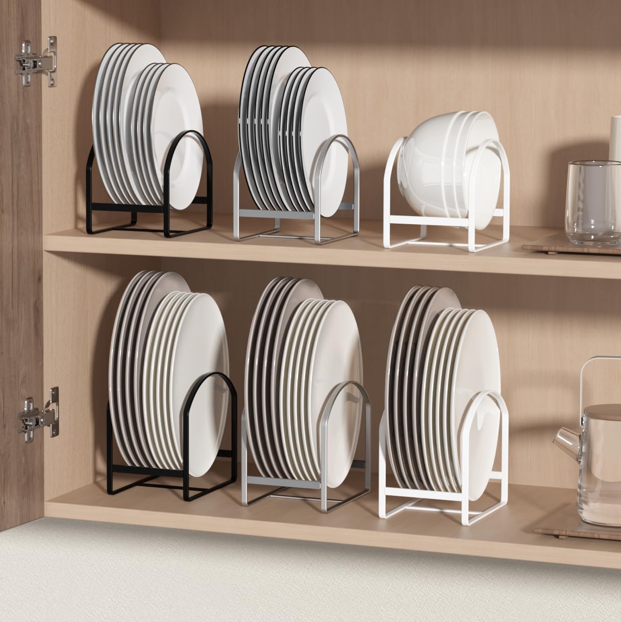 4 Pack Kitchen Plate Holder Organizer for Cabinet Space Saver Dinner Dish Plate Storage Rack Upright Dish Drying Racks Metal Plate Dish Racks Stand for Cupboard and Countertop 2 Large 2 Small Black