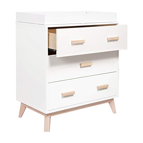 Babyletto Scoot 3-Drawer Changer Dresser with Removable Changing Tray in White and Washed Natural, Greenguard Gold Certified