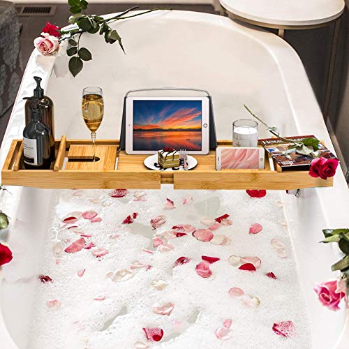 Domax Bathtub Caddy Tray Expandable Bamboo Tub Tray for Luxury Bath with Book Holder and Free Soap Dish Yellow