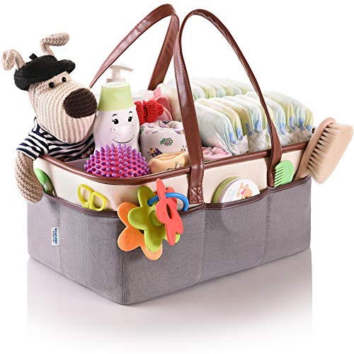 Baby Diaper Caddy Organizer - Grey Nursery Essentials Storage - Portable Basket for Car - Newborn Nursery Décor and Changing Table Accessory